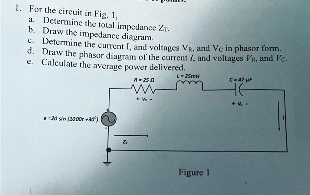 For the circuit in Fig. 1: a. Determine the total impedance Z(T). b. Draw the impedance diagram ...