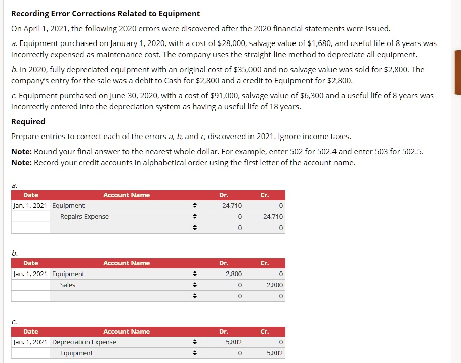 Recording Error Corrections Related to Equipment On April 1, 2021, the ...