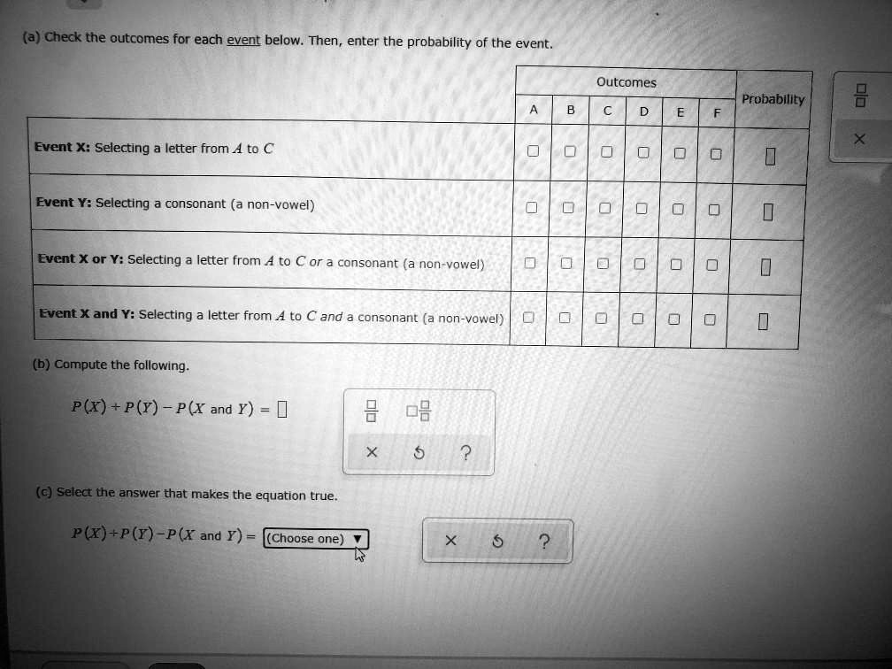 SOLVED:(a) Check the outcomes for each event below. Then, enter the ...