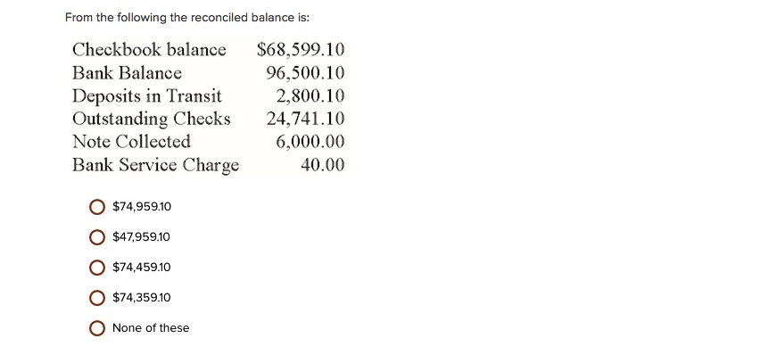 From the following the reconciled balance is: Checkbook balance 68,599. ...