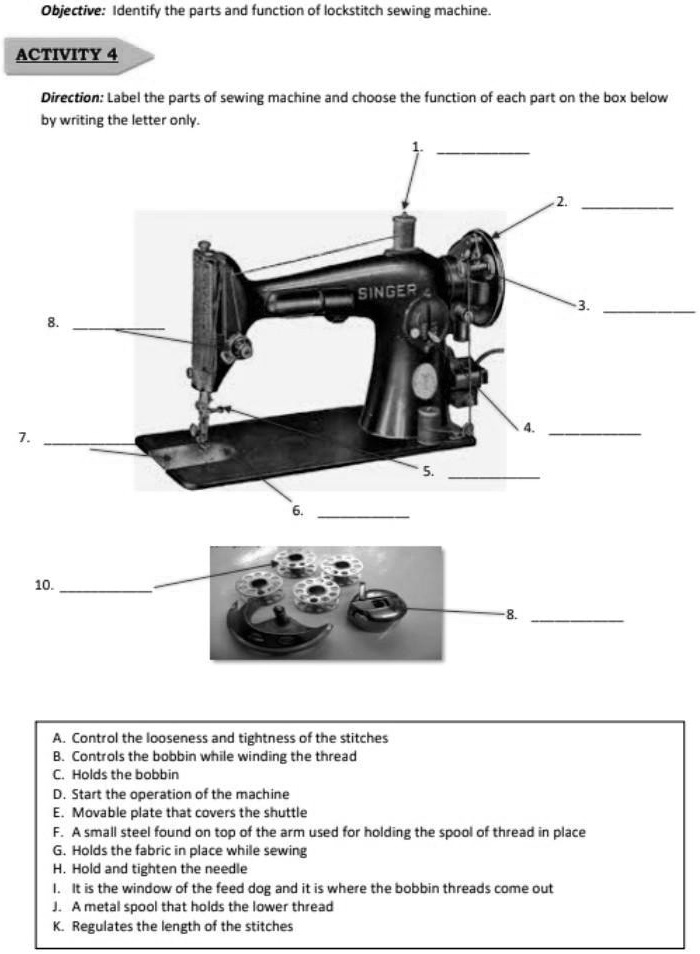 Label the parts of a sewing machine and choose the function of each ...