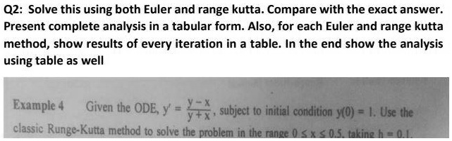 SOLVED: Q2: Solve this using both Euler and Runge-Kutta. Compare with ...