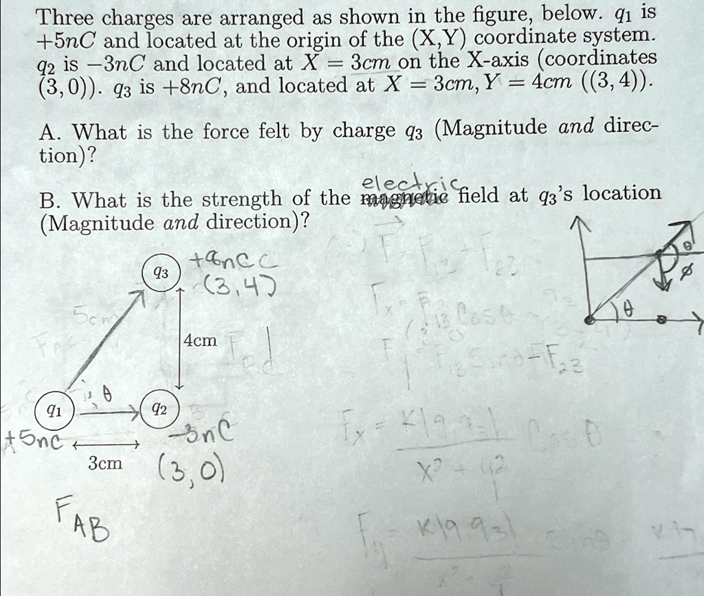 [GET ANSWER] Three charges are arranged as shown in the figure, below. q1 is +5nC and located at ...