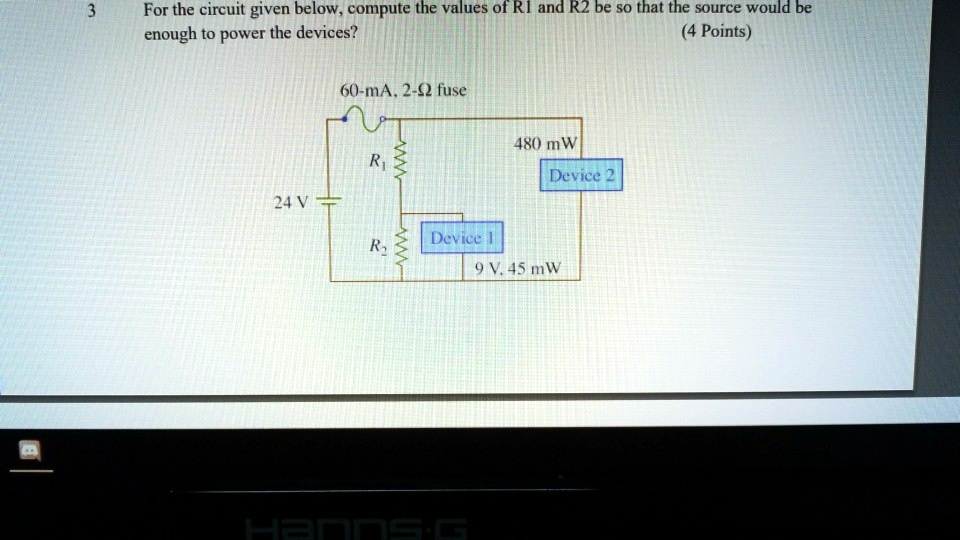 SOLVED: For the circuit given below, compute the values of R1 and R2 be so that the source would ...