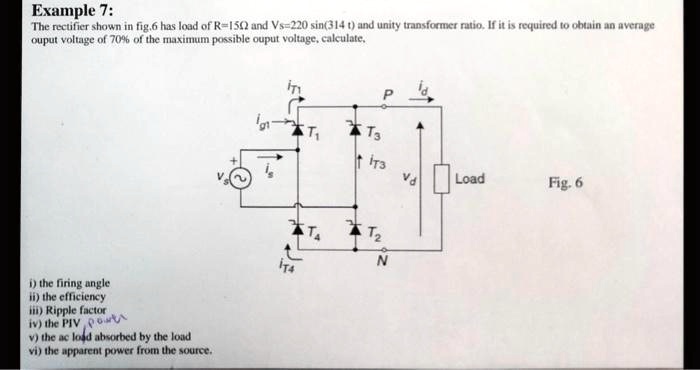 Example 7: The rectifier shown in fig.6 has load of R=150 and Vs=220 ...