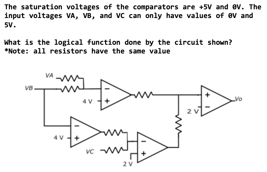 SOLVED: The saturation voltages of the comparators are +5v and oV. The input voltages VA, VB ...