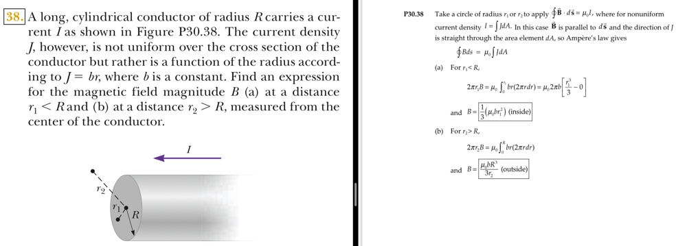 38 a long cylindrical conductor of radius r carries a current i as shown in figure p3038 the ...