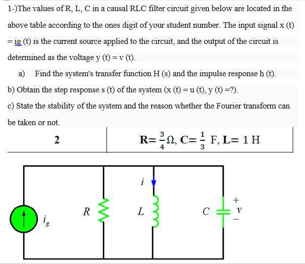 SOLVED: The values of R, L, and C in a causal RLC filter circuit given below are located in the ...