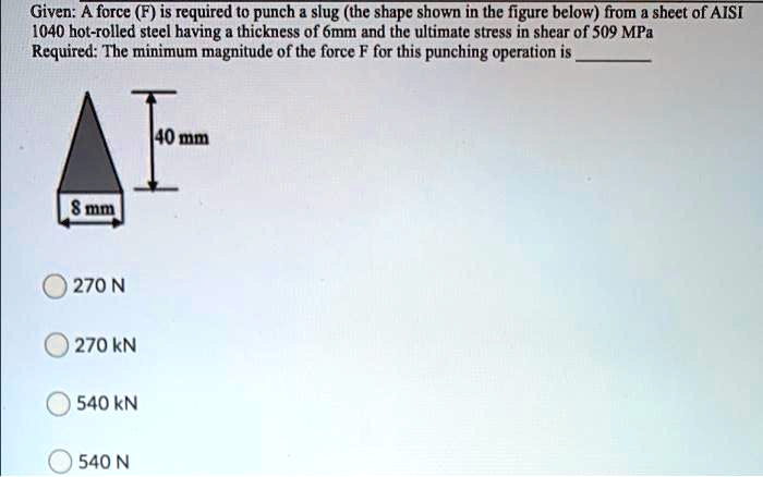 SOLVED: Given: A force (F) is required to punch a slug (the shape shown ...
