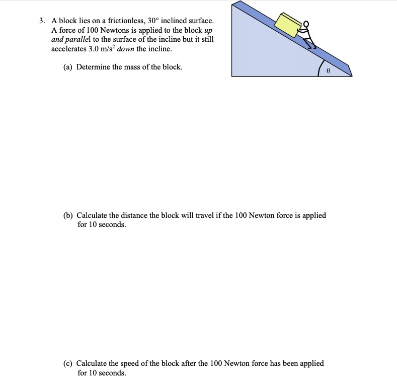 SOLVED: A block lies on frictionless; 300 inclined surface. A force of 00 Newtons is applied t0 ...