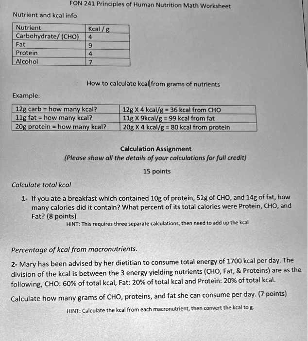 SOLVED: FON 241 Principles of Human Nutrition Math Worksheet Nutrient ...