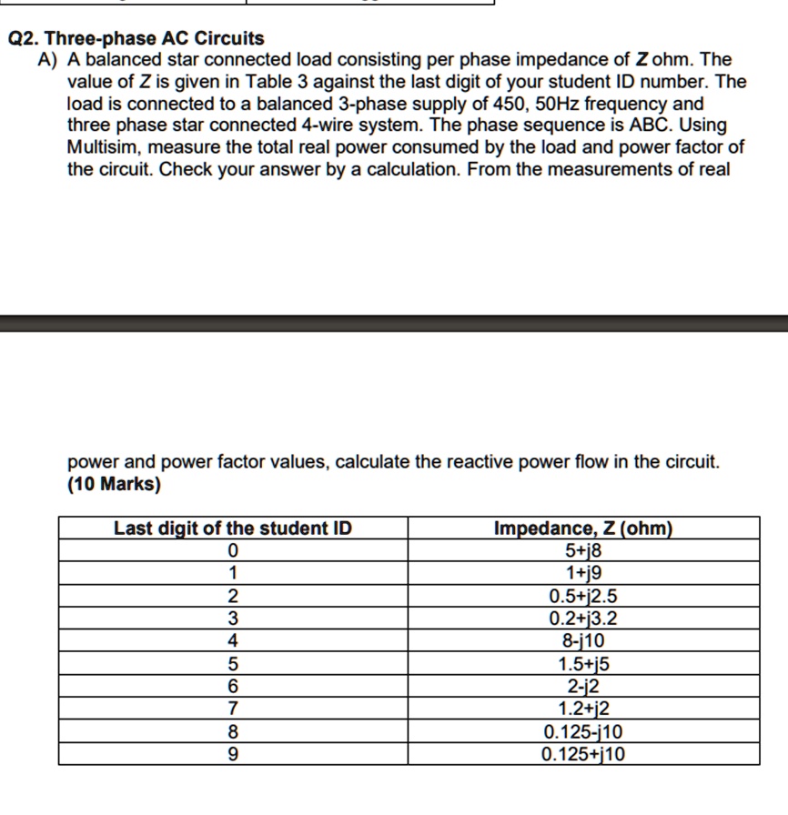 SOLVED: student id is 0 Q2.Three-phase AC Circuits A) A balanced star connected load consisting ...