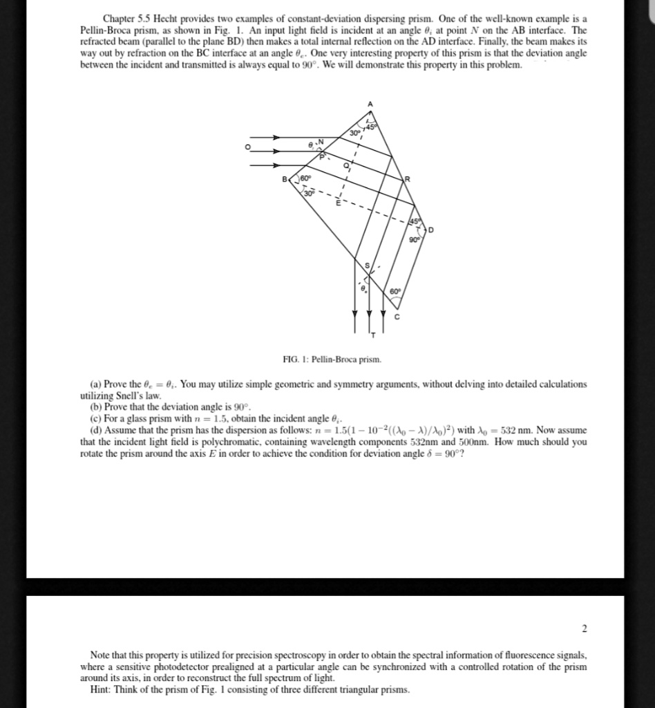SOLVED: Chapter 5.5 Hecht provides two examples of constant-deviation dispersing prisms. One of ...