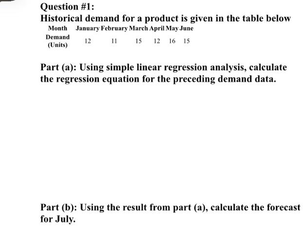 SOLVED: Question #I: Historical demand for a product is given in the ...