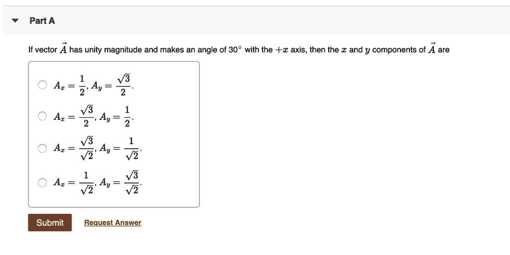 Part A If vector A⃗ has unity magnitude and makes an angle of 30° with ...