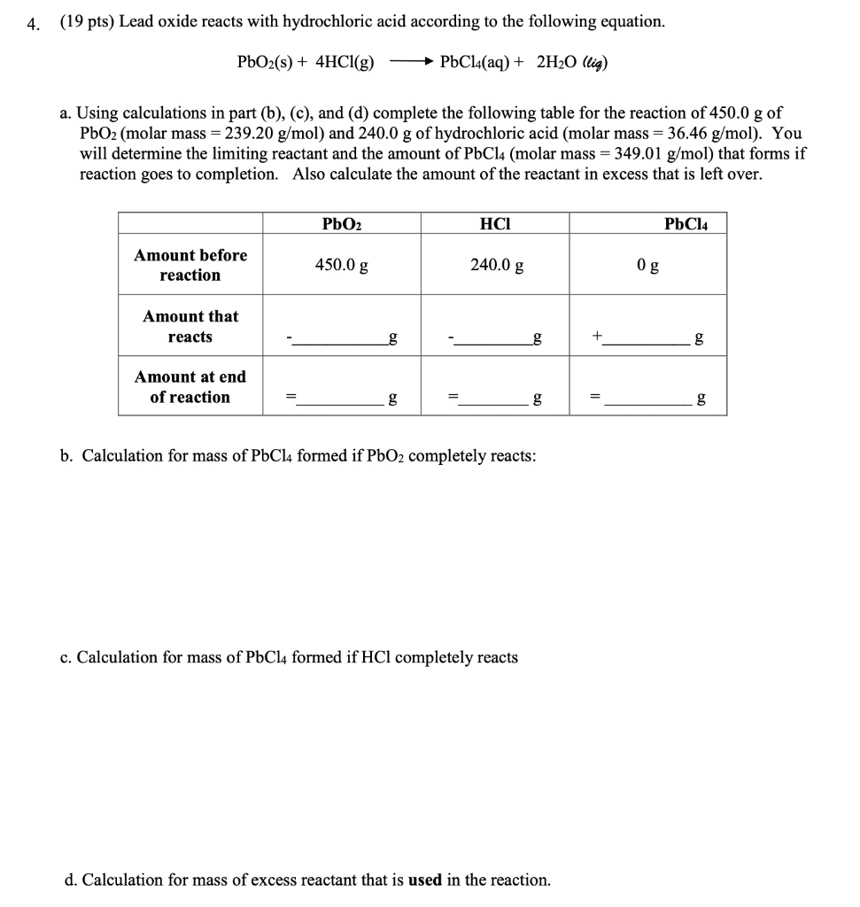 SOLVED: (19 pts) Lead oxide reacts with hydrochloric acid according to ...