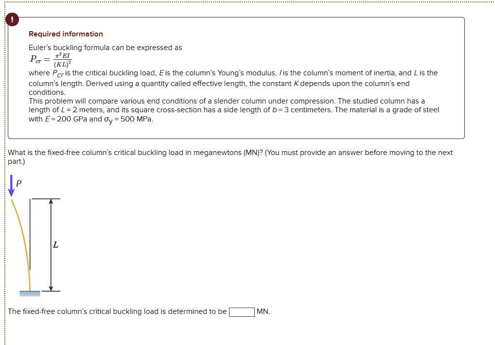 SOLVED: Euler's buckling formula can be expressed as P = TEI (KL ...