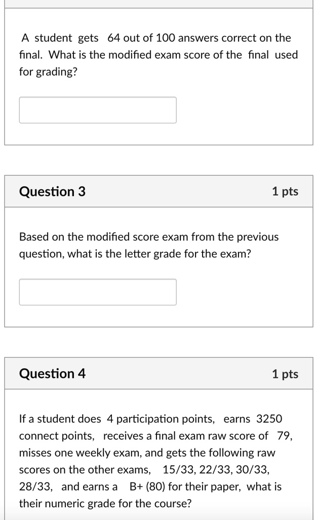 A student gets 64 out of 100 answers correct on the final. What is the ...
