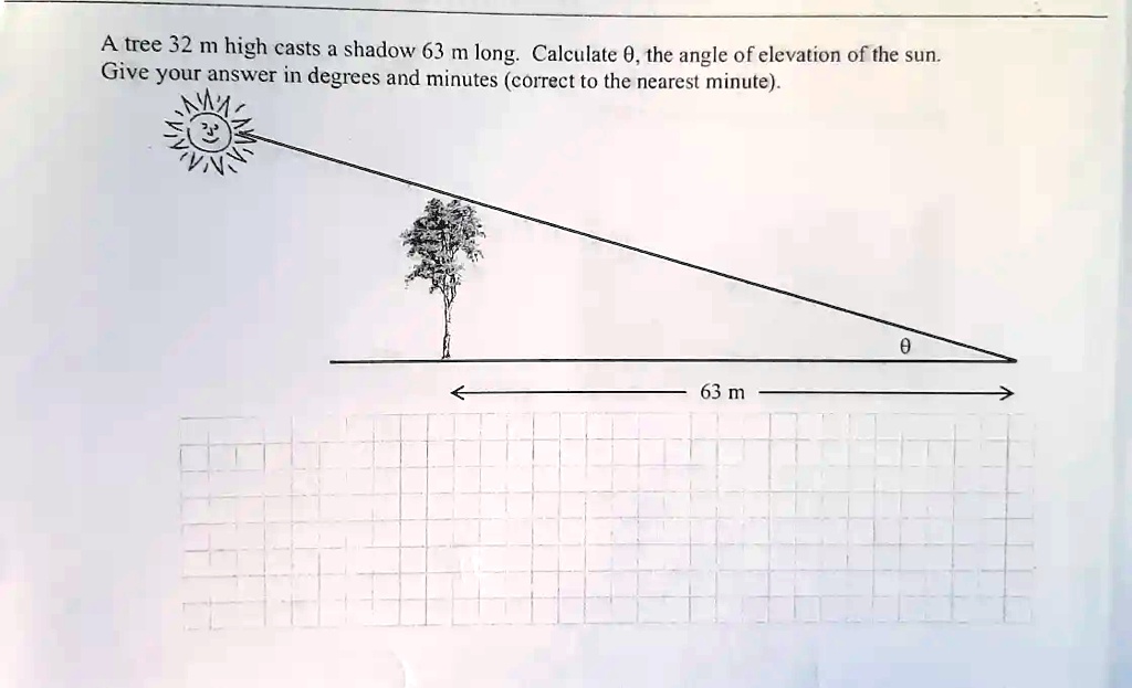SOLVED: A tree 32 m high casts a shadow 63 m long: Calculate 0 , the ...