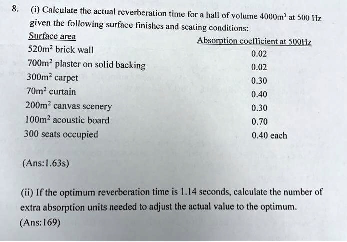 calculate the actual reverberation time for a hall of volume 40oom at ...