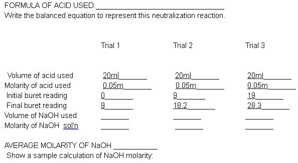 FORMULA OF ACID USED: Write the balanced equation to represent this ...