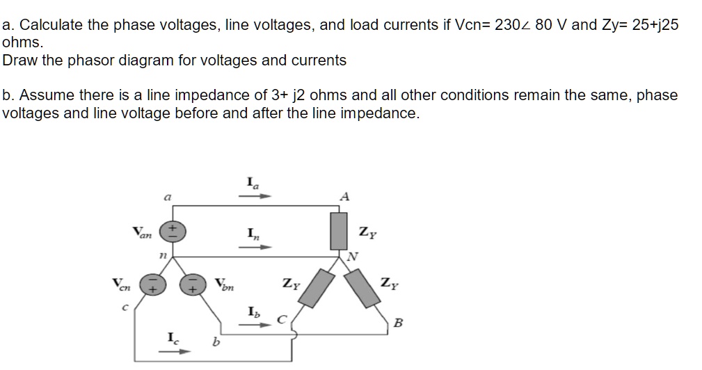 SOLVED: a. Calculate the phase voltages, line voltages, and load currents if Vcn = 230âˆ 80Â° V ...