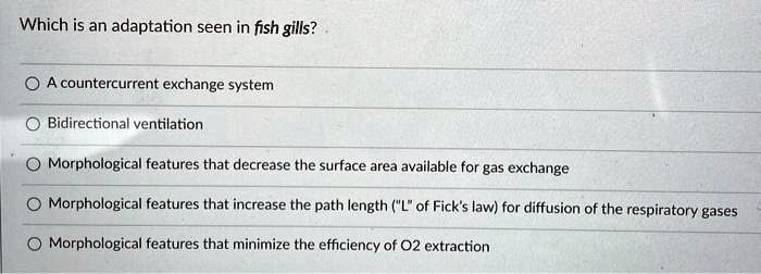 SOLVED: Which is an adaptation seen in fish gills? A countercurrent ...