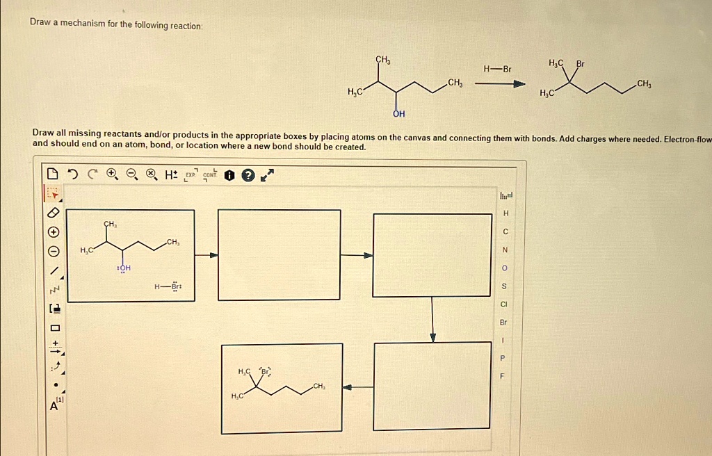 Draw a mechanism for the following reaction: CH3 H3C Br H-Br CH3 CH3 H2C H3C OH Draw all missing ...