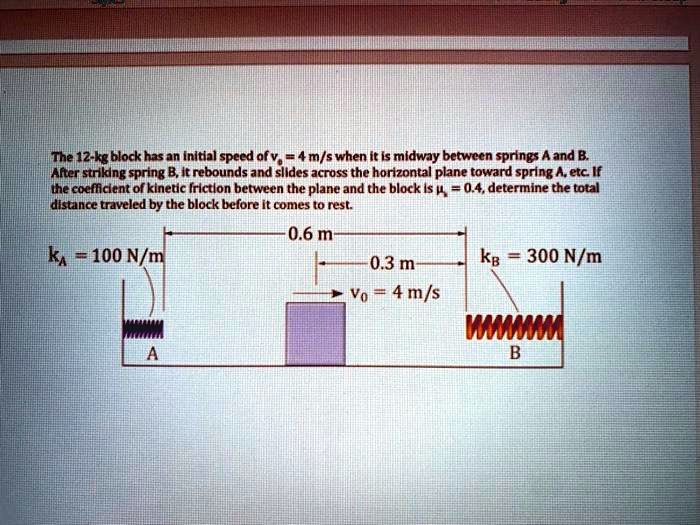 SOLVED: The 12-kg block has an initial speed of v = 4 m/s when it is midway between springs A ...
