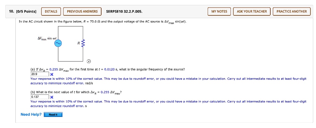 SOLVED: 10. [0/5 Points] DETAILS PREVIQUS ANSWERS SERPSE10 32.2.P.005 ...