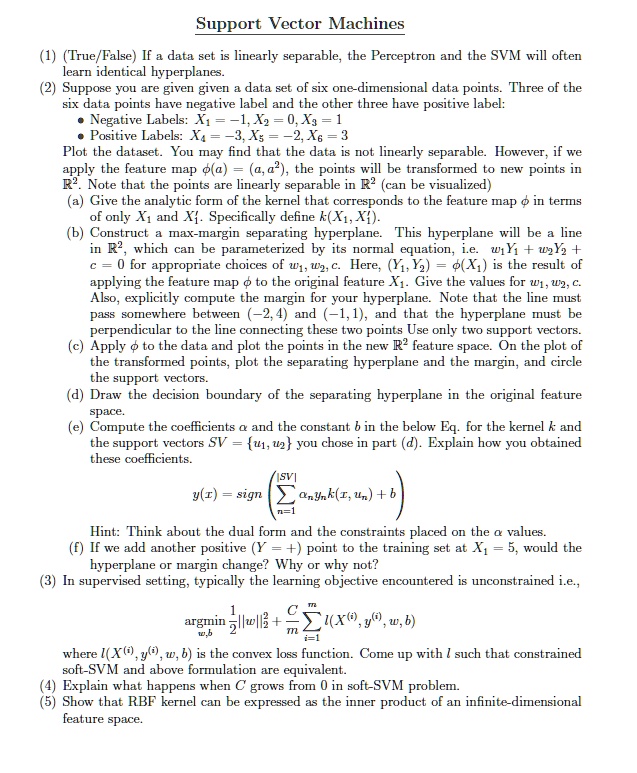 Solved Texts Support Vector Machines 1 Truefalse If A Data Set Is Linearly Separable The 