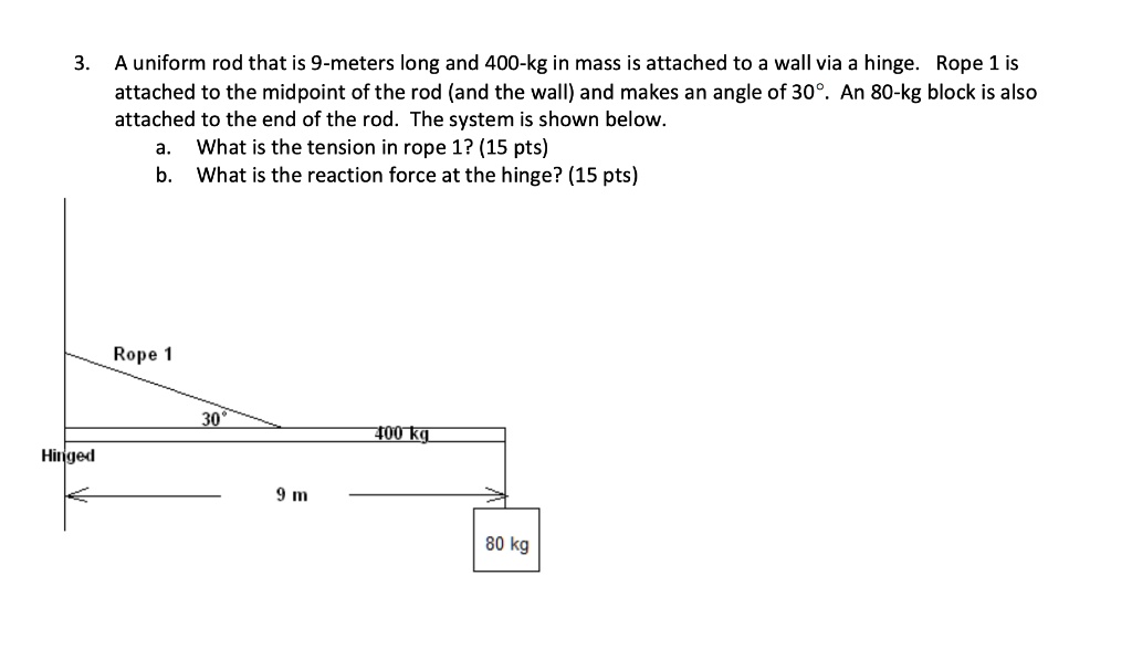 a uniform rod that is 9 meters long and 400 kg in mass is attached to a ...