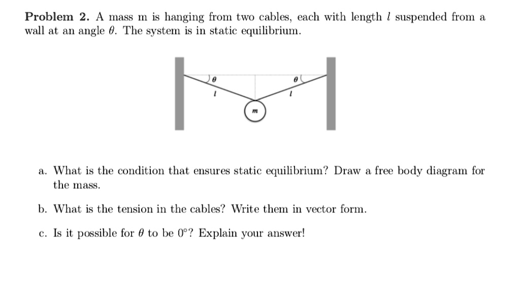 SOLVED: Problem 2. A mass m is hanging from two cables, each with length suspended from wall at ...