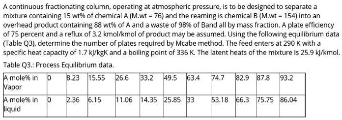 SOLVED: A continuous fractionating column, operating at atmospheric pressure, is to be designed ...