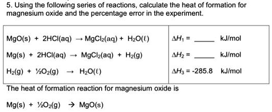 SOLVED: Calculate the heat of formation and percent error. 5. Using the ...