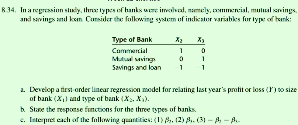 8.34. In a regression study three types of banks were involved, namely ...