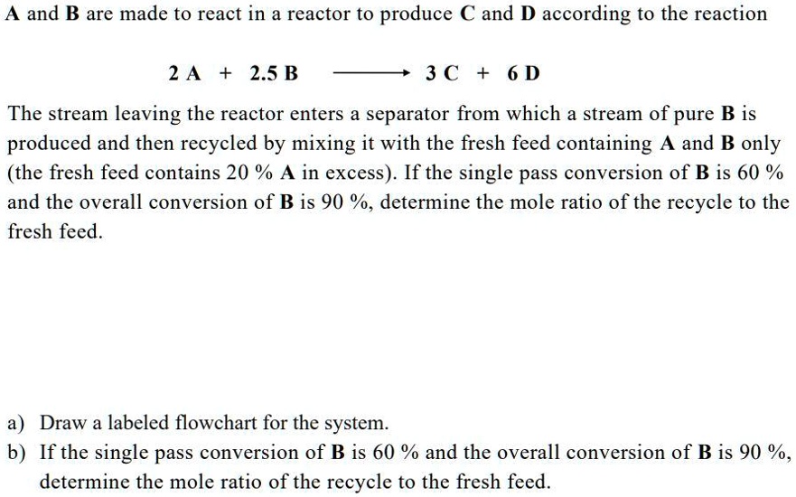 A and B are made to react in a reactor to produce C and D according to the reaction 2A + 2.5 B ...