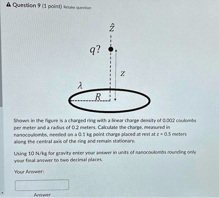 A Question 9 (1 point) Retake question q? ? R z Z Shown in the figure is a charged ring with a ...
