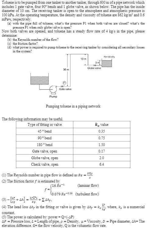 Toluene is to be pumped from one tanker to another tanker, through 600 ...