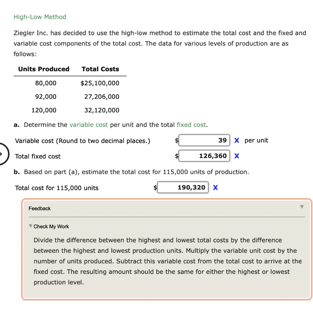 SOLVED: High-Low Method Ziegler Inc. has decided to use the high-low method to estimate the ...