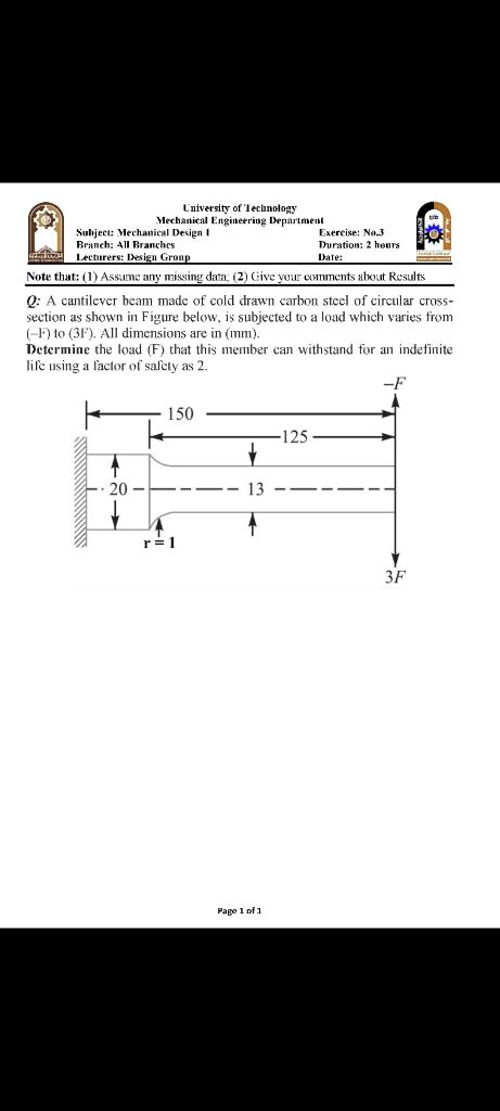 SOLVED: A cantilever beam made of cold drawn carbon steel of circular ...
