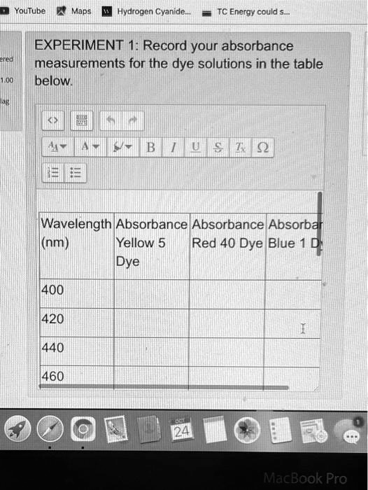 EXPERIMENT 1: Record your absorbance measurements for the dye solutions ...
