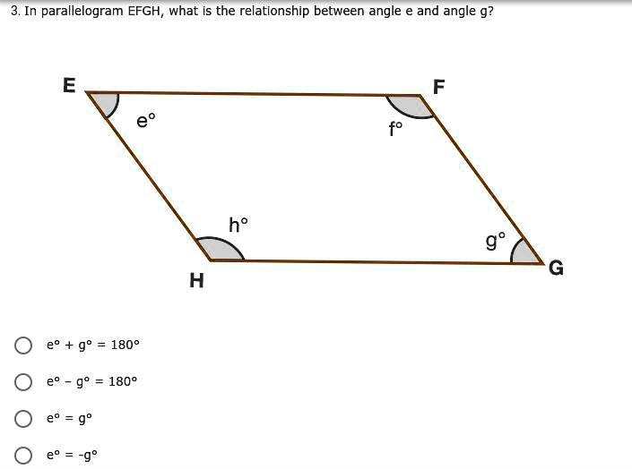 3. In parallelogram EFGH, what is the relationship between angle e and ...