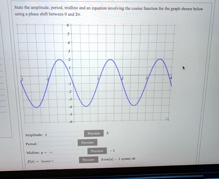 SOLVED:State the amplitude; period, midline and an equation involving ...