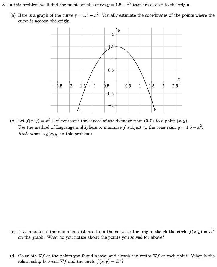 SOLVED: 8. In this problem, we'll find the points on the curve y=1.5-x^2 that are closest to the ...
