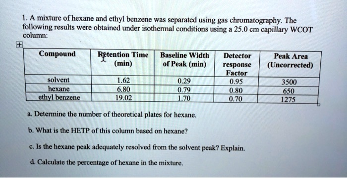 SOLVED: A mixture of hexane and ethyl benzene was separated using gas ...