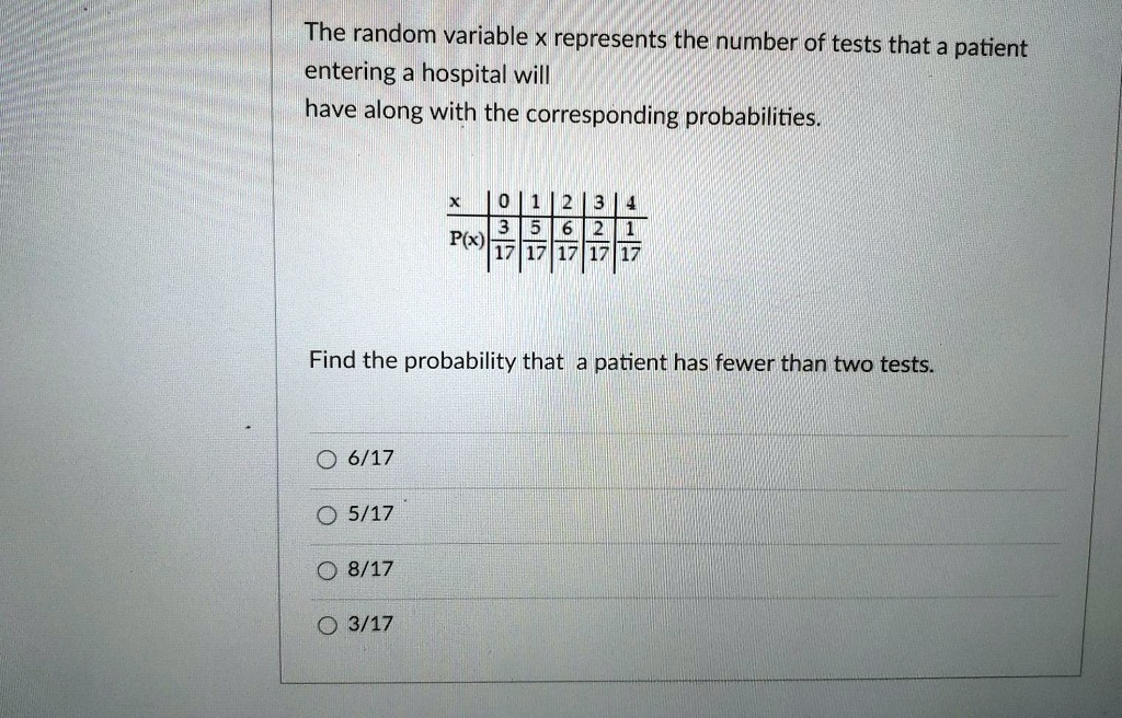 SOLVED: The random variable X represents the number of tests that a ...