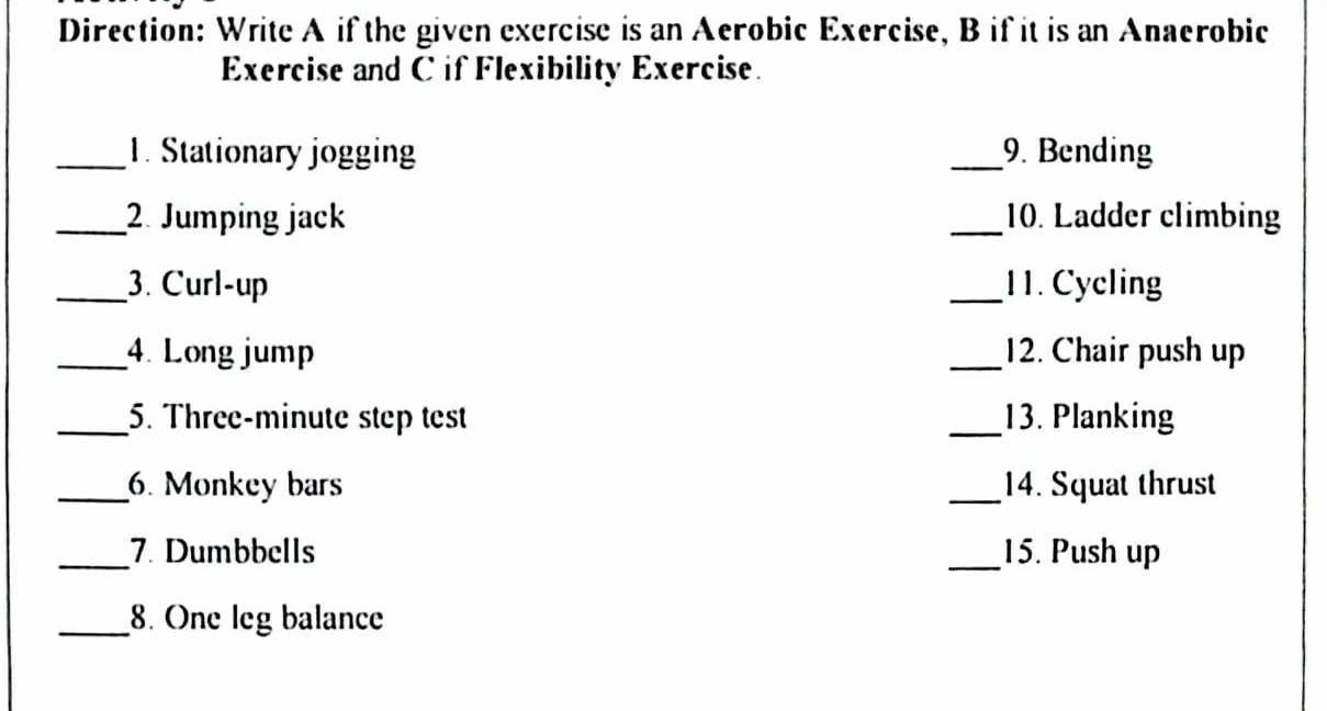 SOLVED: Direction: Write 𝐀 if the given exercise is an Aerobic Exercise ...
