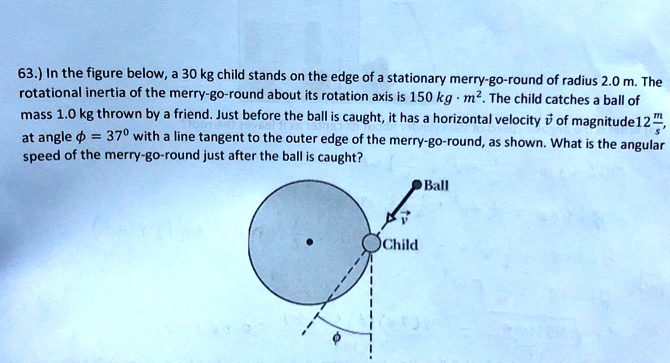 63.) In the figure below, a 30 kg child stands on the edge of a stationary merry-go-round of ...