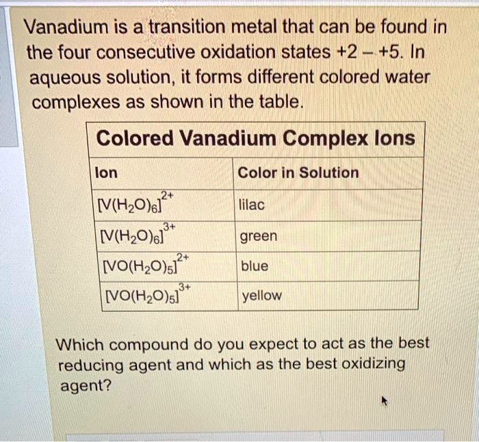 SOLVED: Vanadium is a transition metal that can be found in the four ...